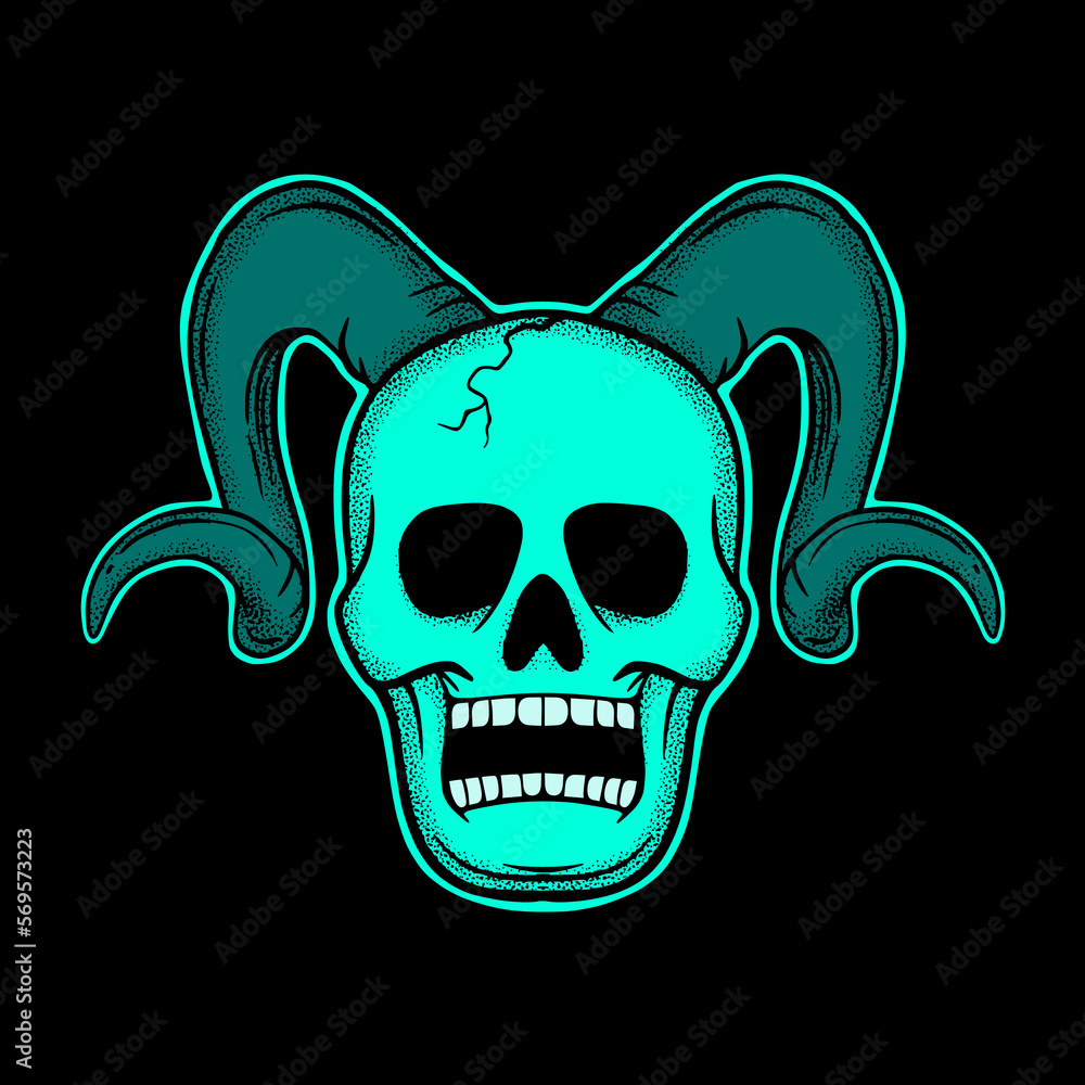 Green skull with horn art Illustration hand drawn style premium vector ...