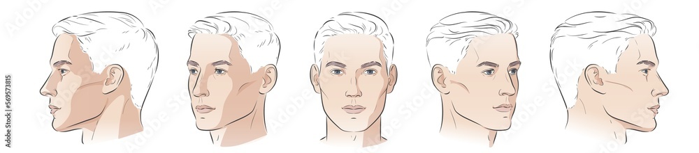 vector Set of man face portrait three different angles and turns of a ...