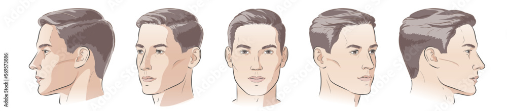 Set of man face portrait five different angle view turns of a male head ...