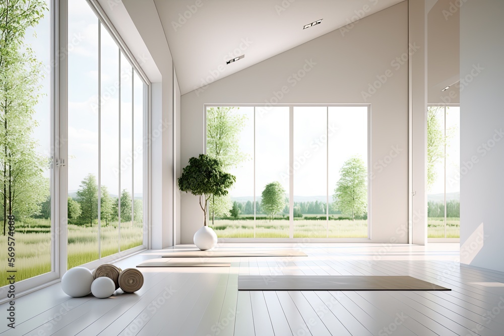 Clean and clam yoga studio with beautiful nature view. Interior design ...