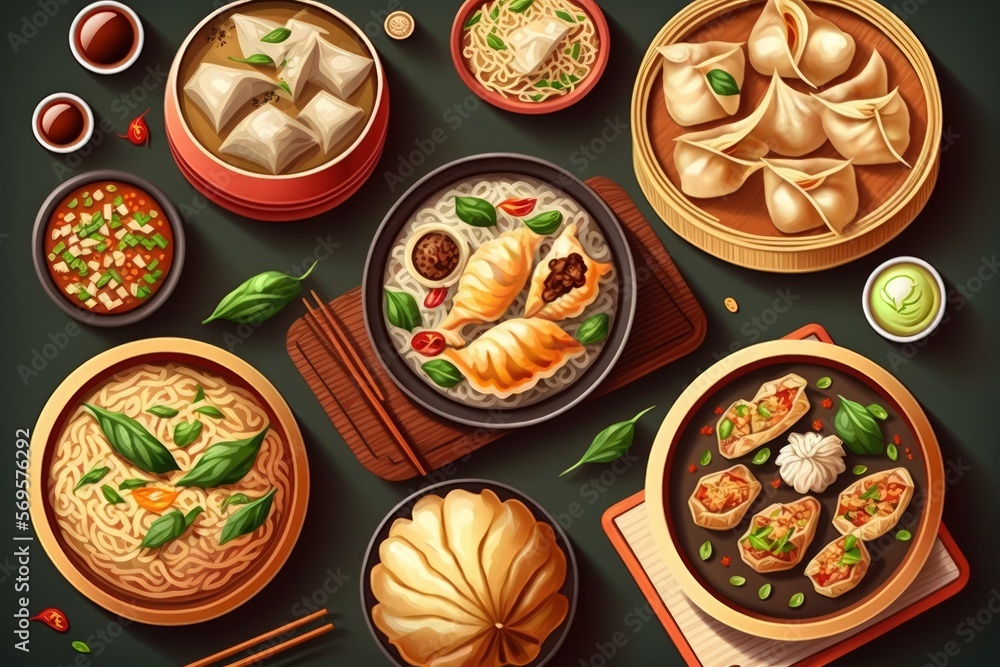 Assorted Chinese Food Set Chinese Noodles Fried Rice Dumplings