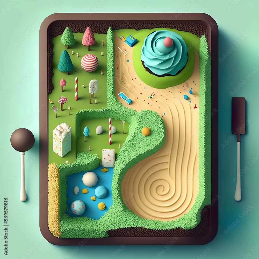 mini golf course made of cake, top view sweet dessert creativ work ...