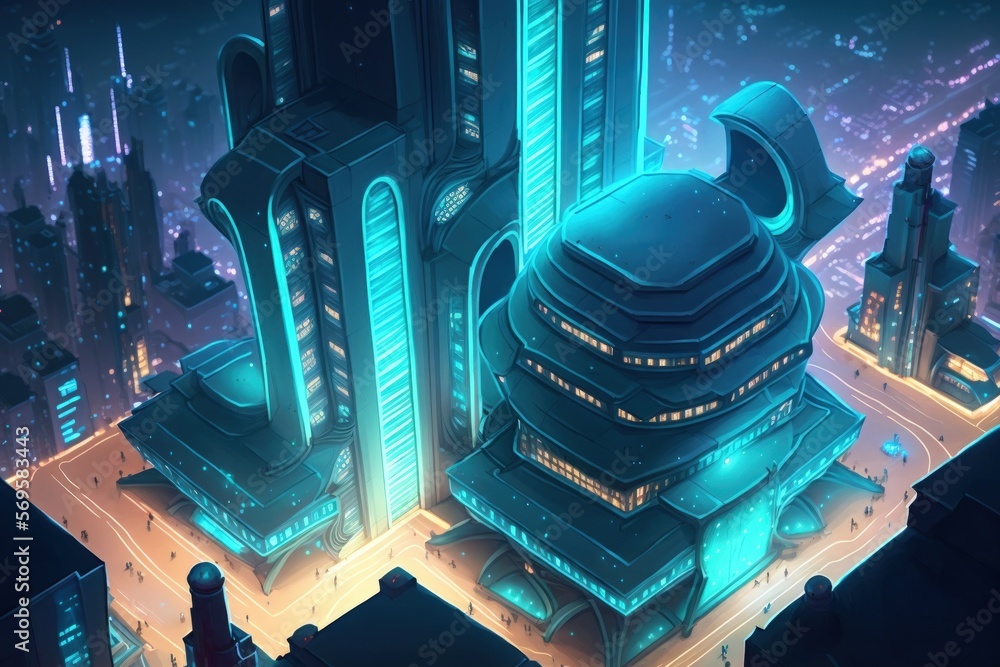 aerial picture of a science fiction city. Skyscraper structures with ...