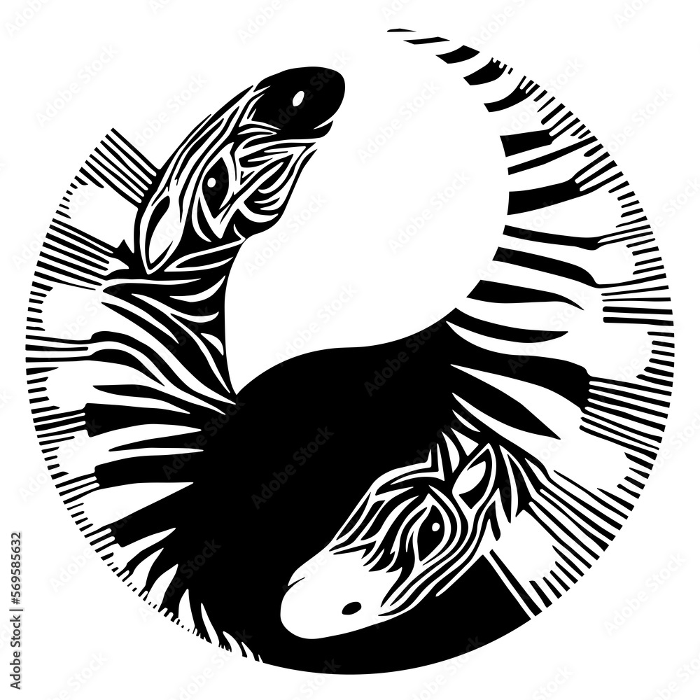 Two heads of zebras in a circle looking like a yin-yang symbol Stock ...