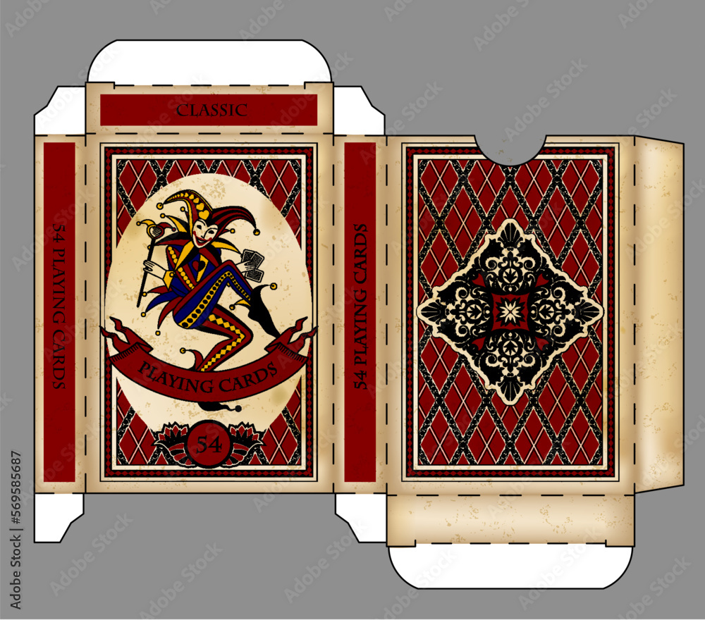 Playing cards tuck box template with a Joker image and classic abstract ...
