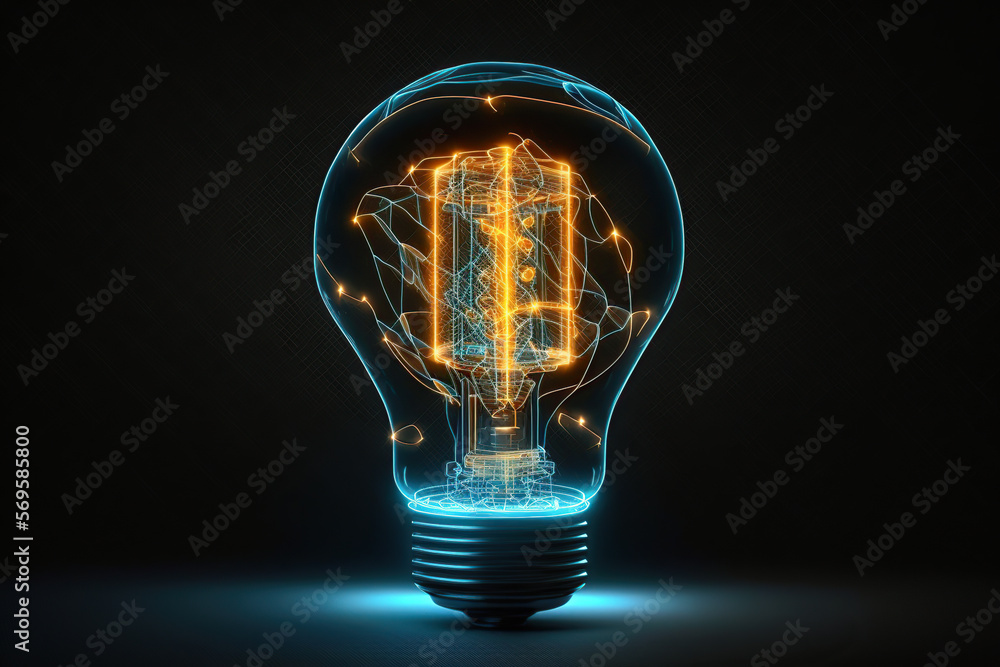 Innovation ideas concept. Futuristic light bulb on black background ...