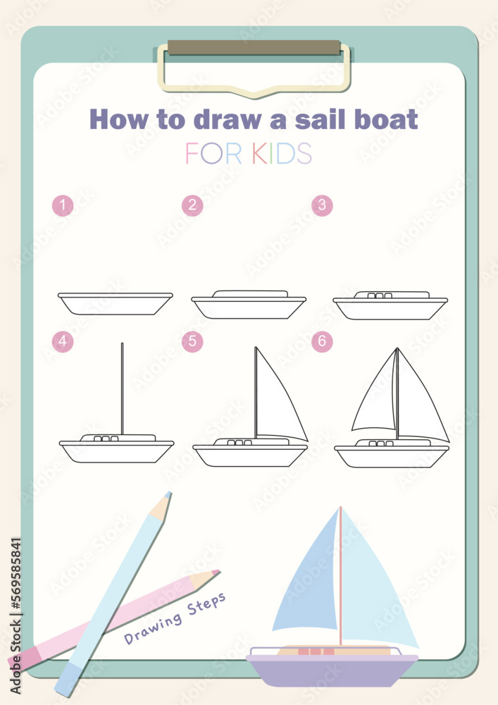 Vetor do Stock: How to draw a sail boat for kids, printable vector ...