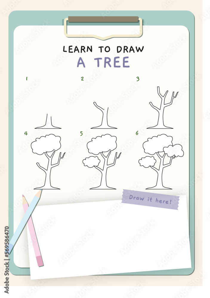 How to draw a tree for kids, printable vector illustration, drawing ...