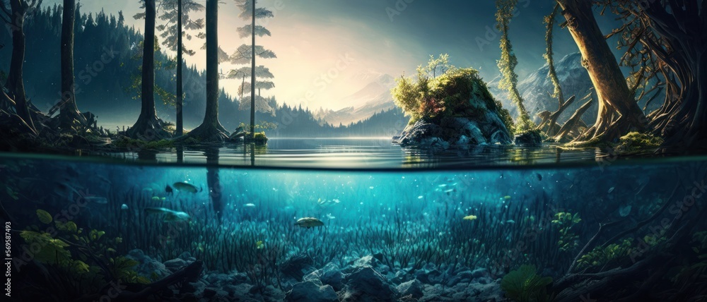 Reflecting Beauty: A Wide Shot of the Underwater Lake Landscape. Stock ...