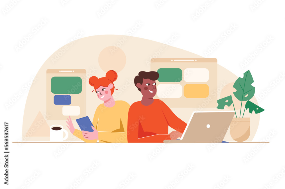 People use gadgets orange concept with people scene in the flat cartoon ...