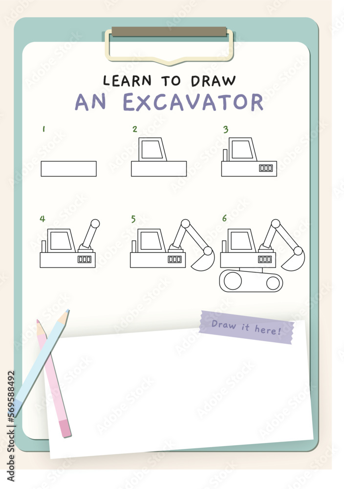 How to draw an excavator for kids, printable vector illustration ...