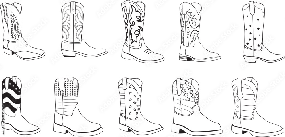 Set of cowboy boot line art. Cowboy boot silhouette Stock Vector ...