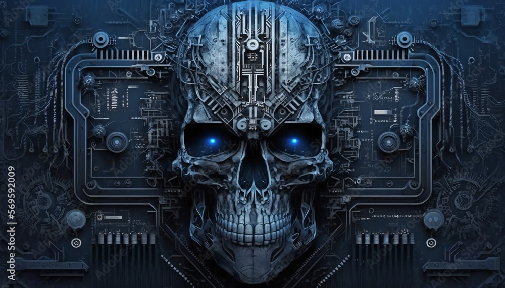 electronic circuit board with human skull processor, evil dark ...