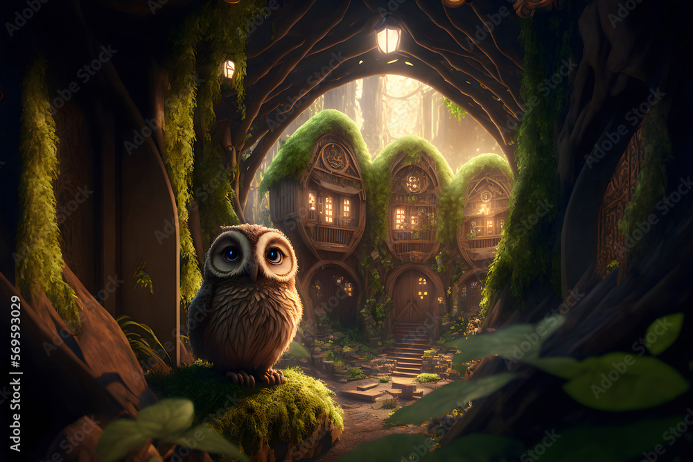 Owl guards fairy tale house in forest, the home of hobbits and forest ...