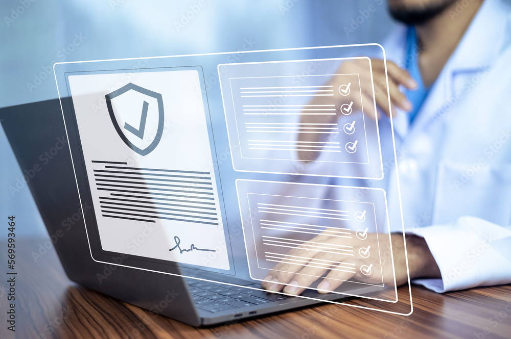 Documents concept, Doctor use computer connection server data base ...