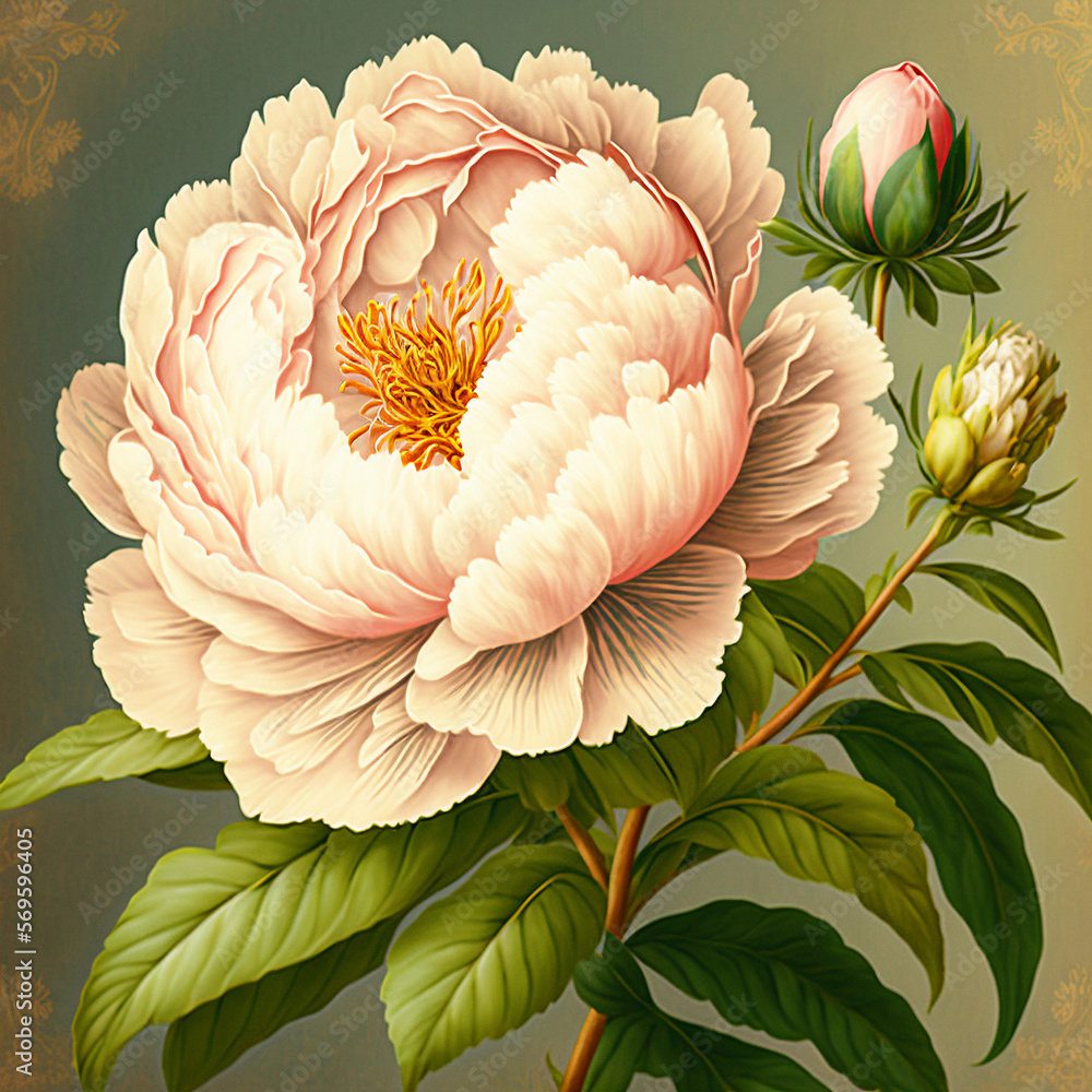 Gorgeous pink peony fragrant flowers as in vintage botanical ...