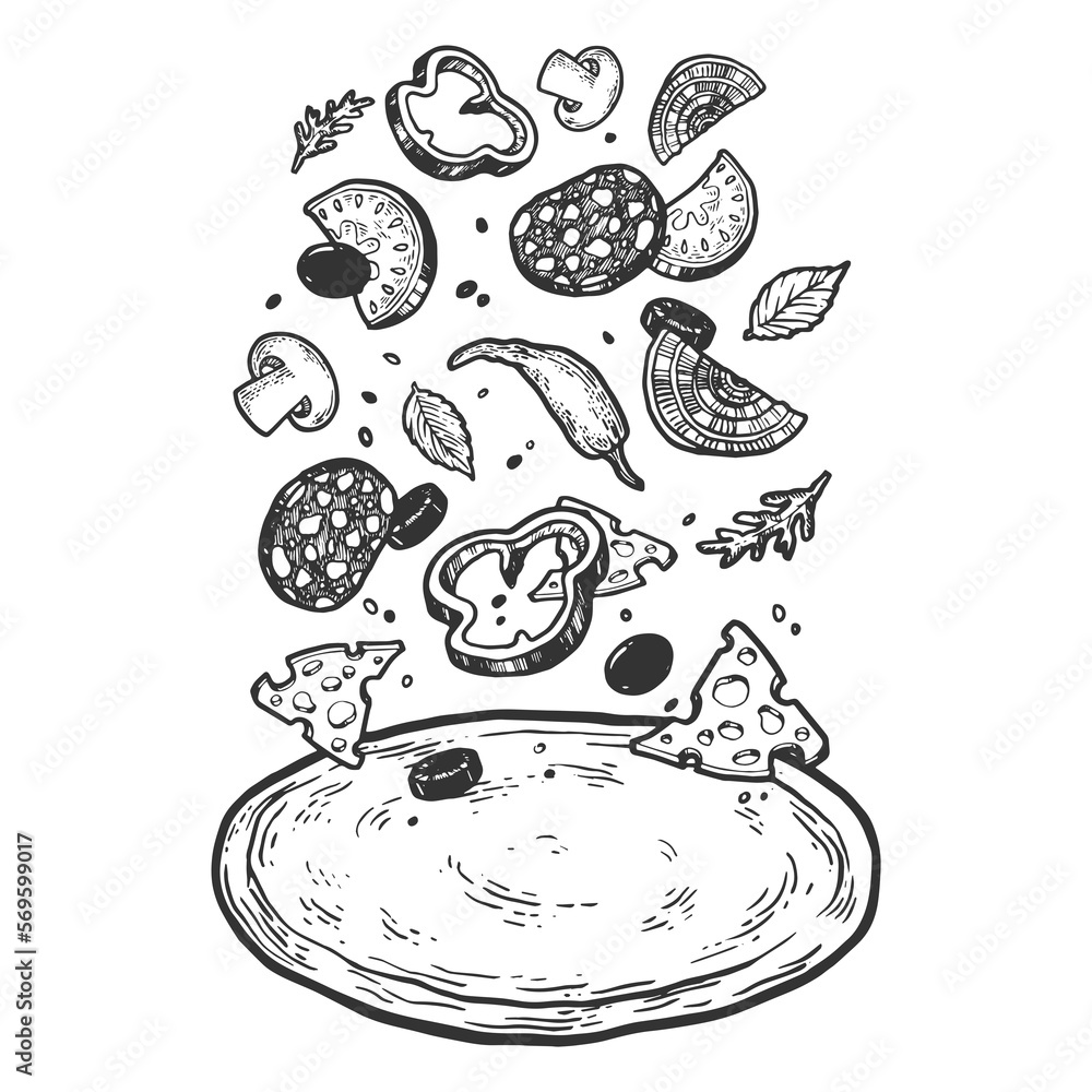 Pizza with flying ingredients sketch PNG illustration with transparent ...
