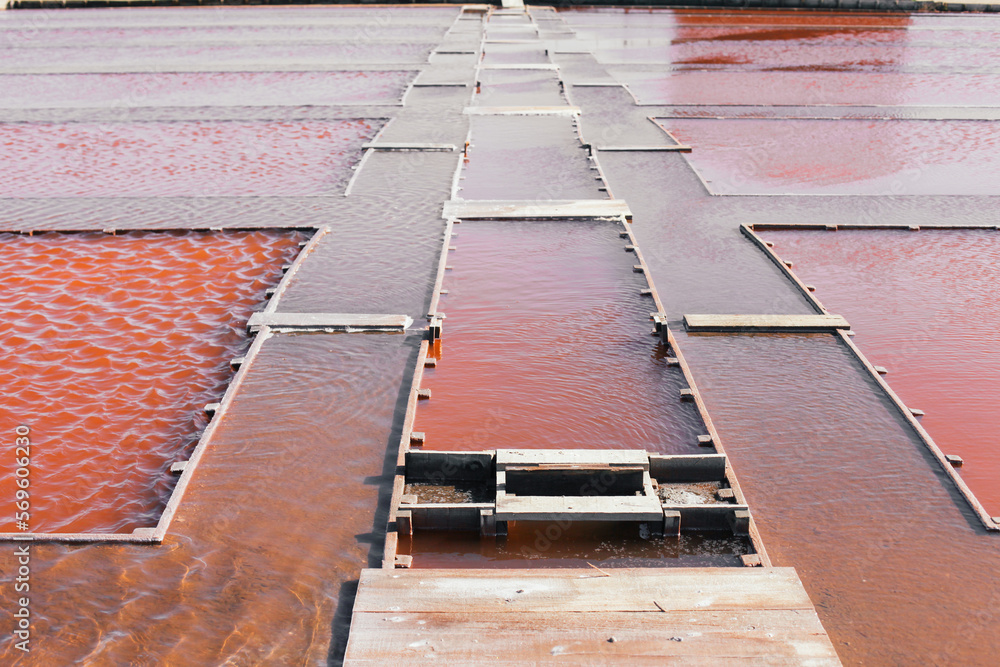 Little lakes with pink water, a process of making salt Stock Photo ...