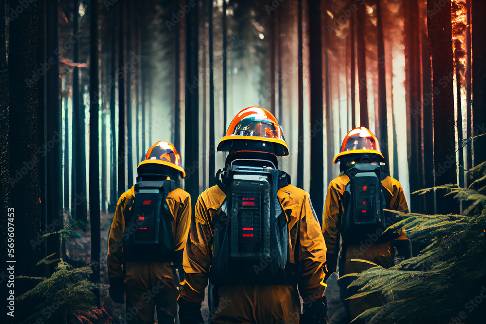 Fictional people, Group of forest firefighters in smoke and fire ...