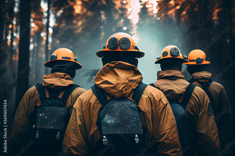 Fictional people, Group of forest firefighters in smoke and fire ...