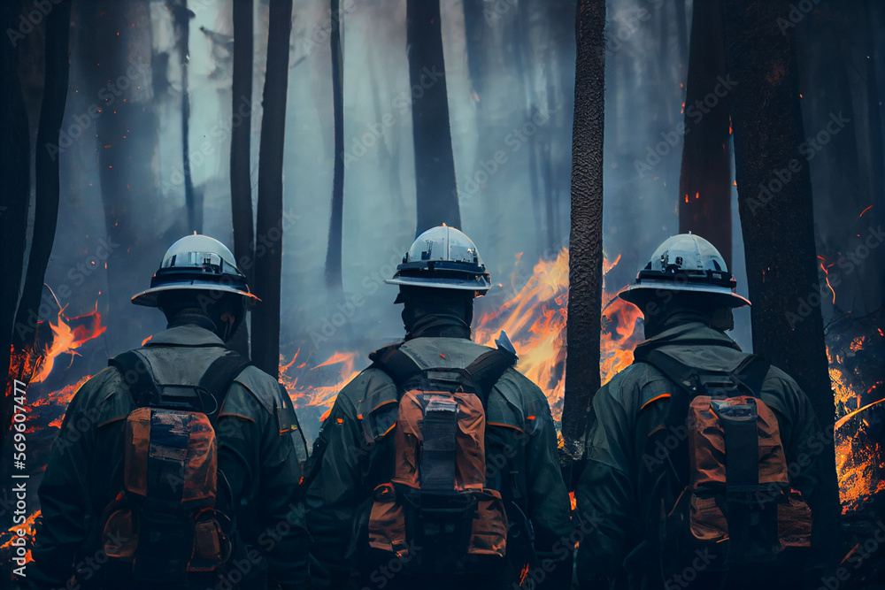 Fictional people, Group of forest firefighters in smoke and fire ...