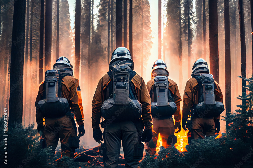 Fictional people, Group of forest firefighters in smoke and fire ...