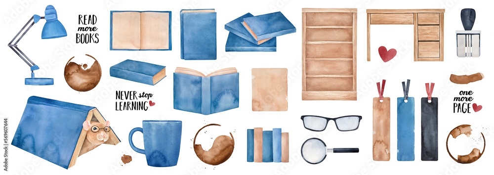 Watercolour illustration pack of reading symbols, office tools, notes ...