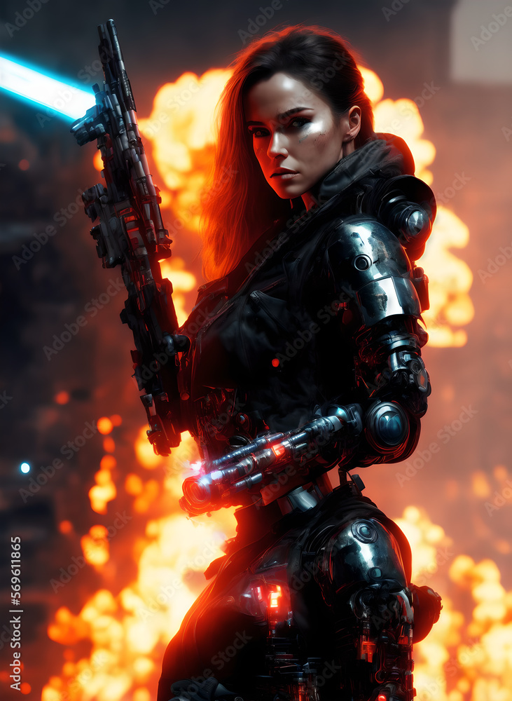 Terminator woman from the future. Woman robot with a gun. Beautiful ...