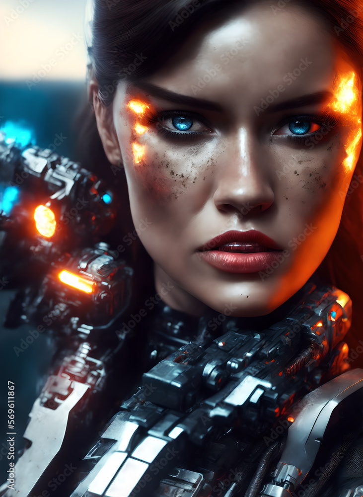 Terminator woman from the future. Woman robot with a gun. Beautiful ...