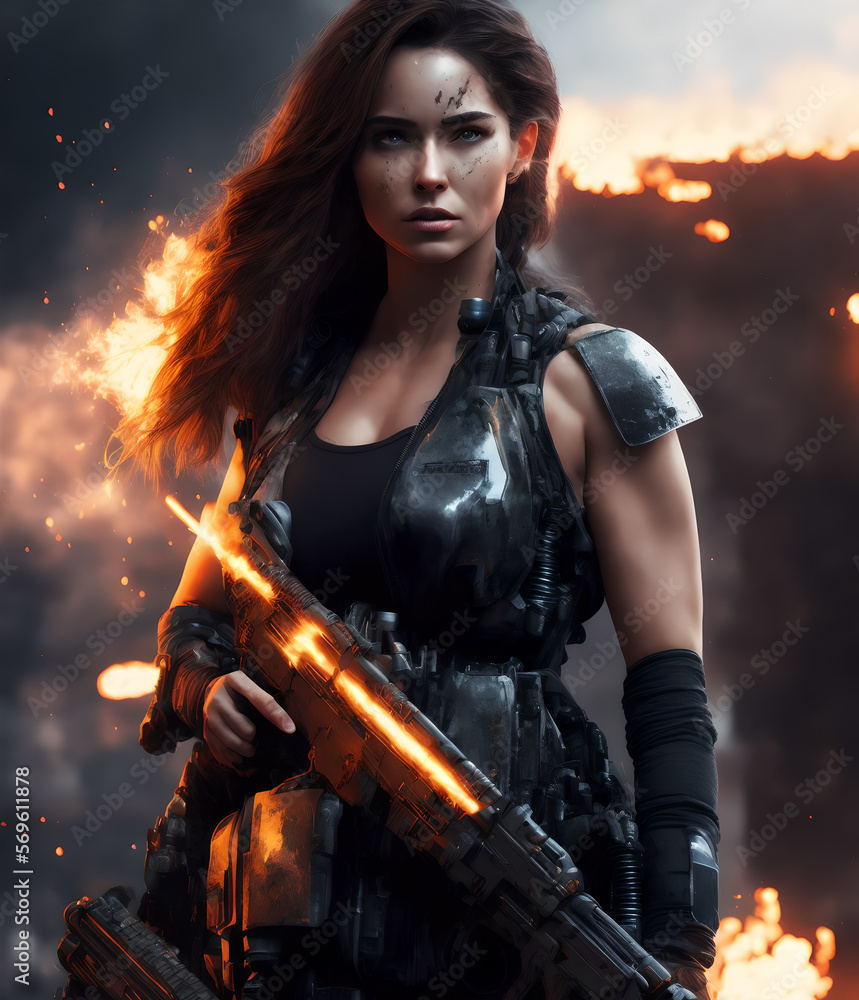 Terminator woman from the future. Woman robot with a gun. Beautiful ...