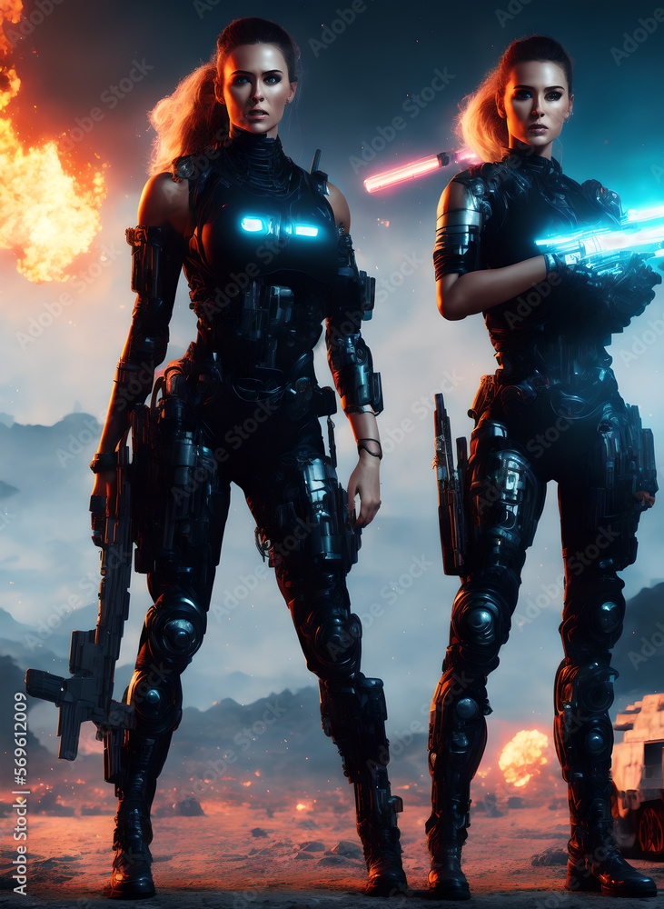 Terminator woman from the future. Woman robot with a gun. Beautiful ...