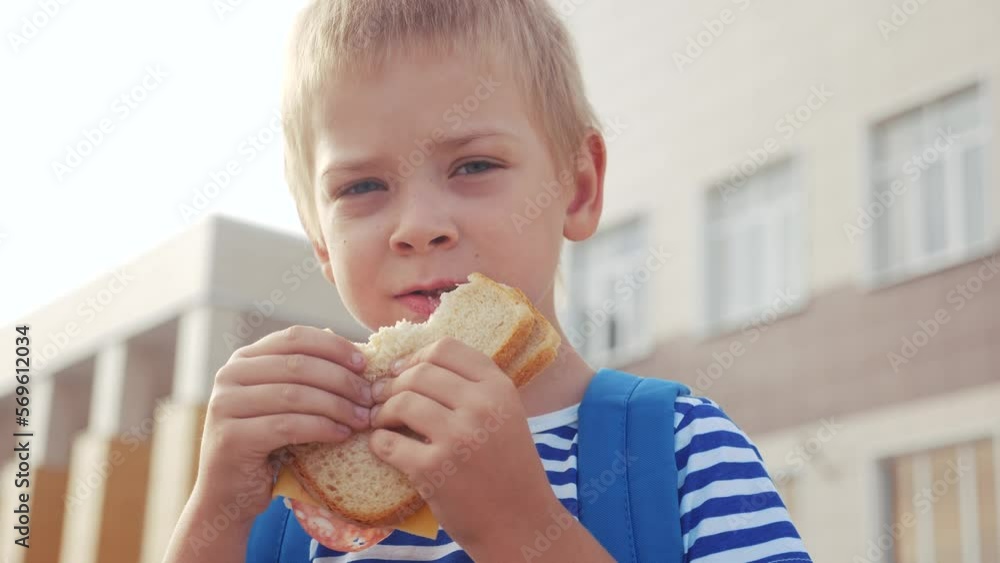 schoolboy eating a sandwich during recess in school. kids education ...