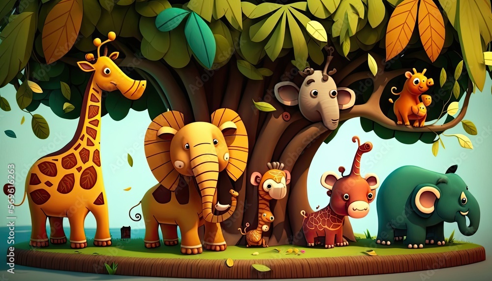 Jungle Playtime: A fun and lively scene of cute animals having fun on ...