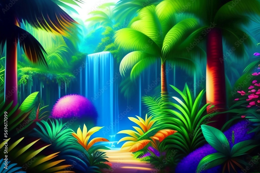 Watercolor landscape painting spring season concept and summer season ...