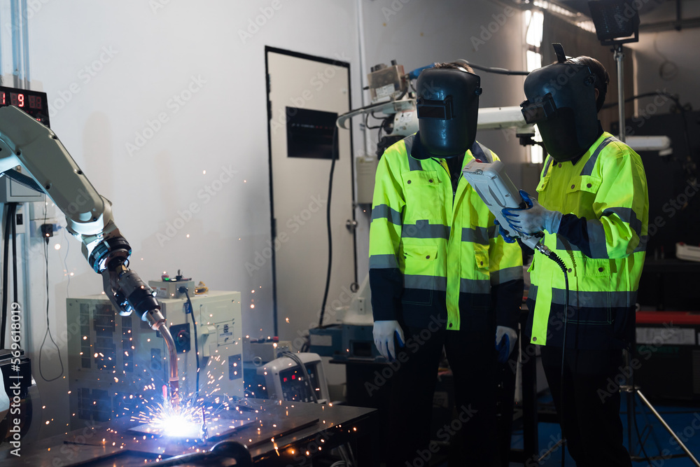 Male engineer working control robot arm system welding with welding ...