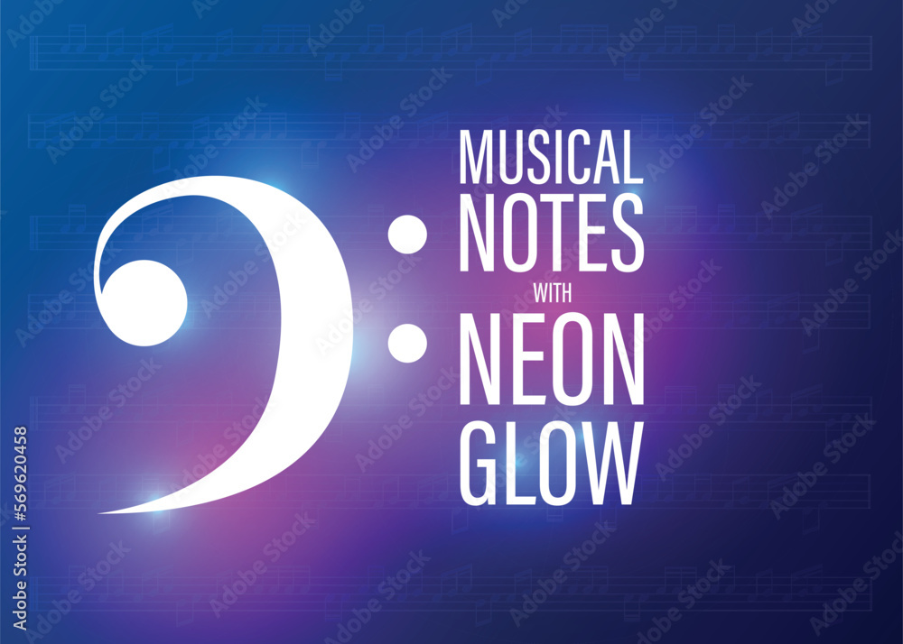 Musical notes background with neon glow effect, blue, purple colors and ...