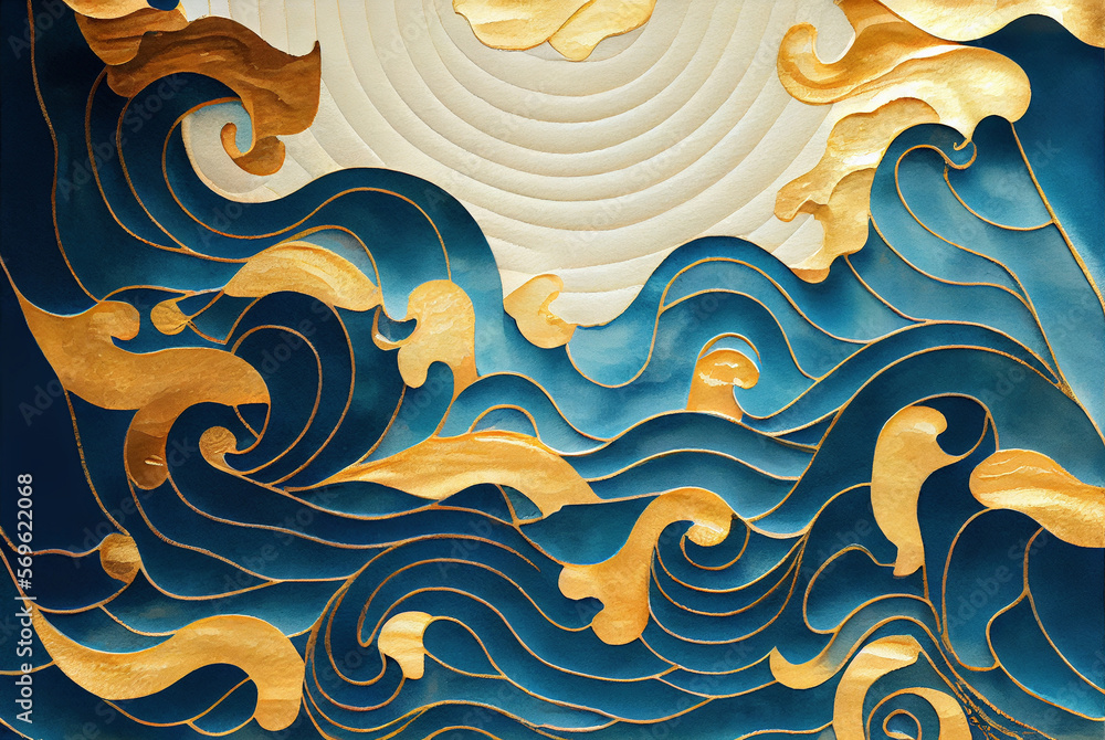 Sea waves pattern abstract background, blue and gold volumetric waves ...