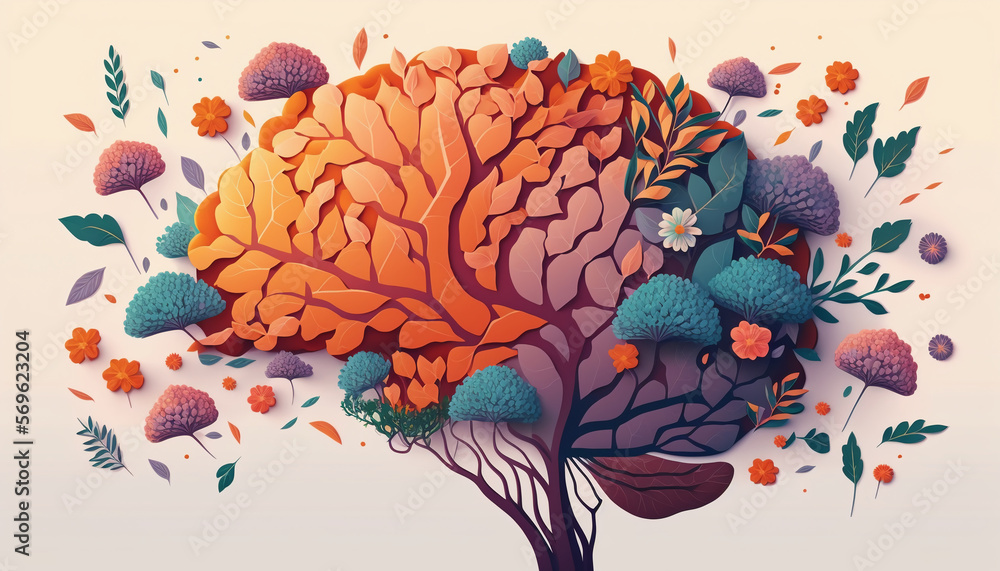 Human brain tree with flowers self care and mental health. Generative ...