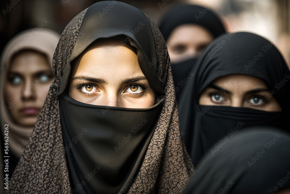 Crowd of young women in traditional Muslim hijab portrait close-up with ...