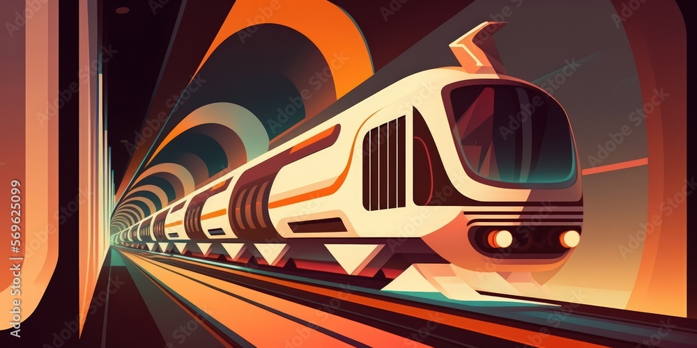 In a sci fi tunnel and corridor, a modern, futuristic train and ...