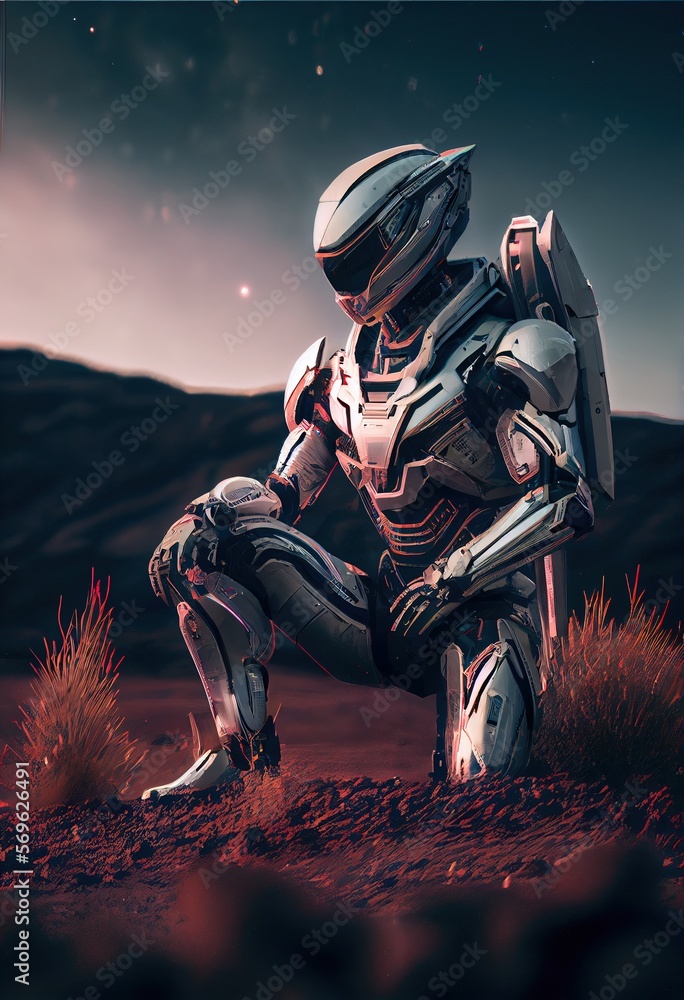 Portrait of a sci-fi military warrior. High-tech futuristic man from ...
