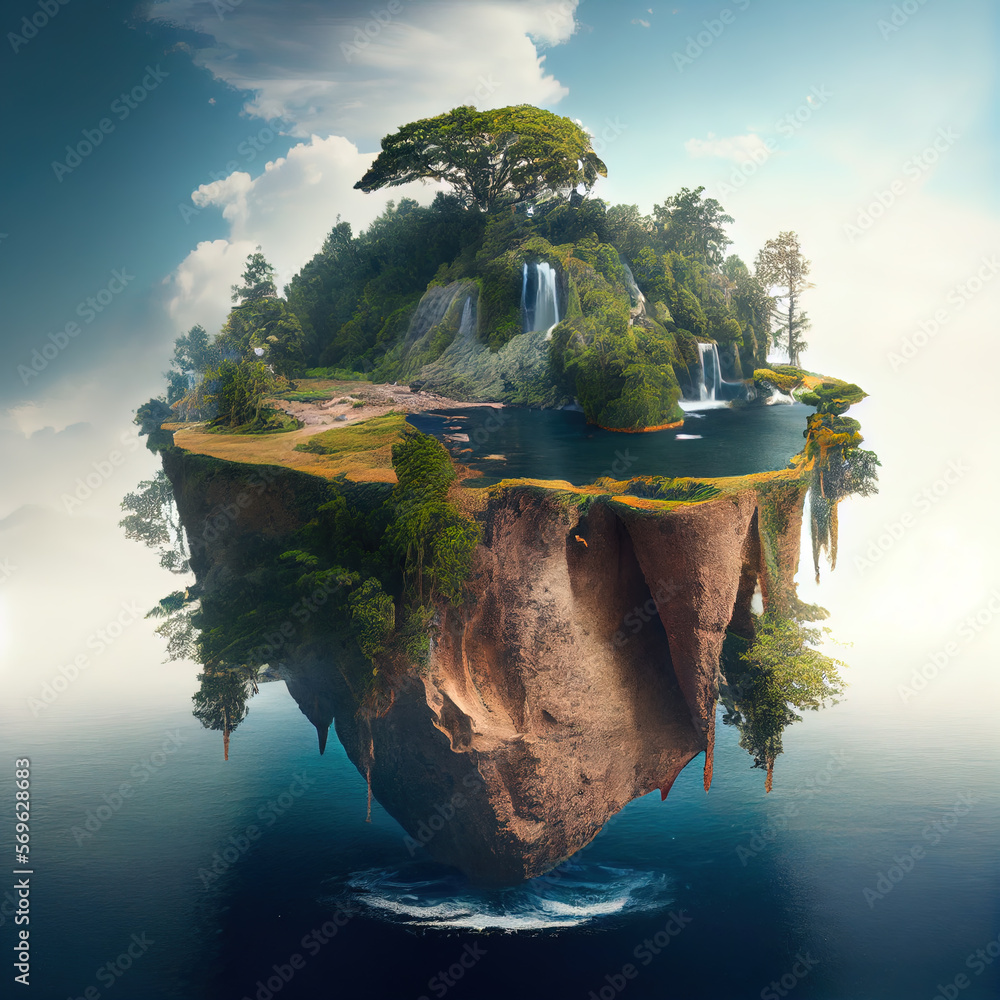 Fantasy magical floating island in the sea with trees and waterfalls ...