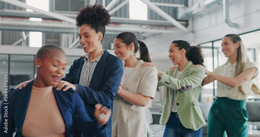 Dance, comic and business people in team building, fun exercise and ...