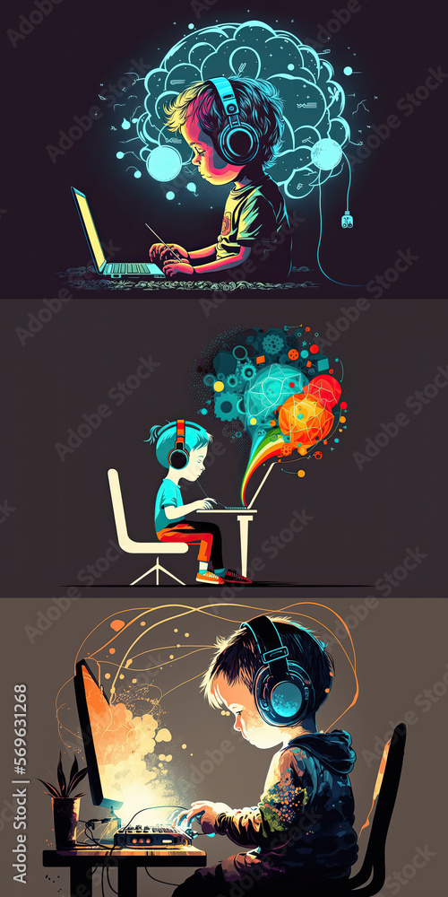 Students boy using computer technology creative idea thinking, with ...