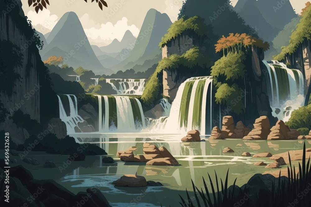 The waterfalls at Ban Gioc in Cao Bang, Vietnam, are situated in an ...