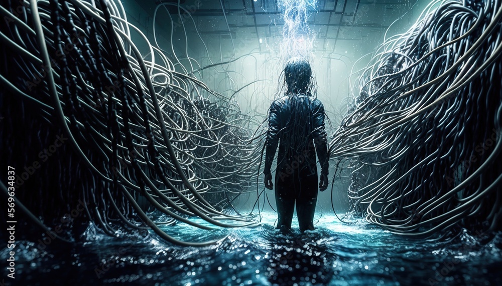 Wired body in data lake, futuristic, dystopian created with generative ...