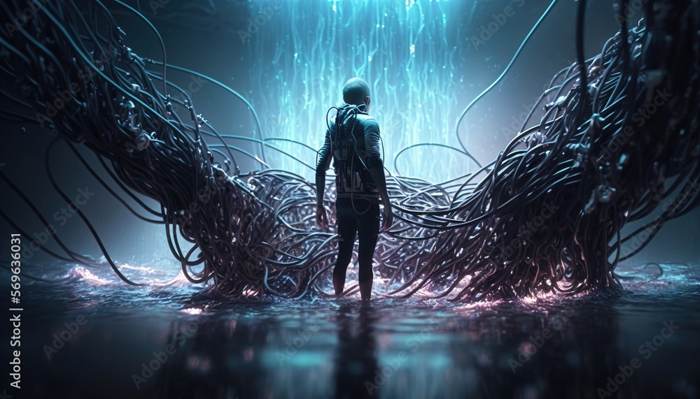 Wired body in data lake, futuristic, dystopian created with generative ...