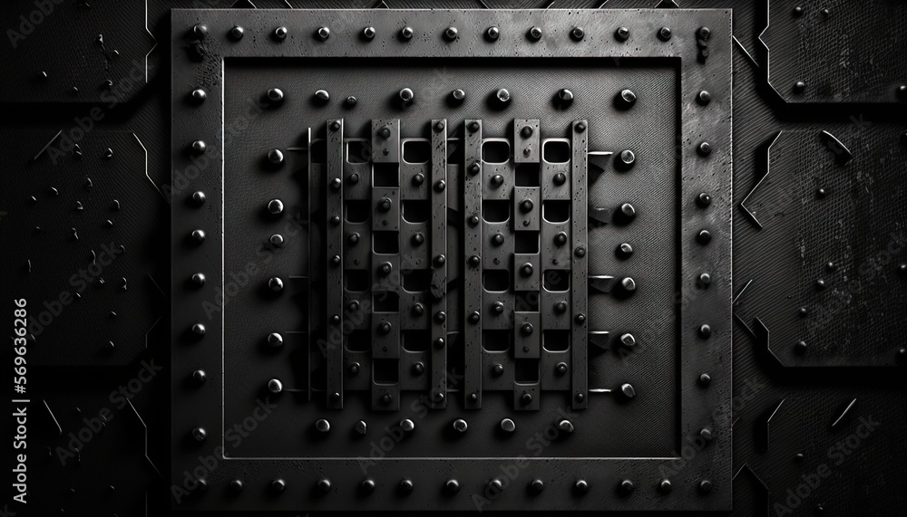 a black metal background with rivets and a square hole in the middle of ...