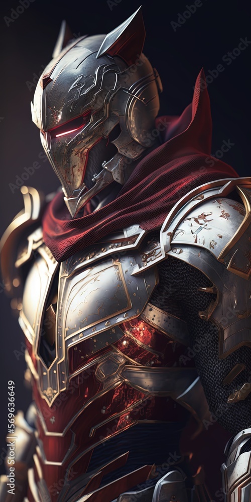 a close up of a person in a suit of armor with a red cape and a red ...