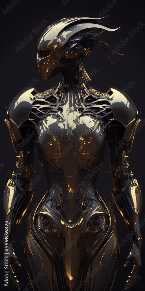 a futuristic woman in gold and black with a black background and a ...